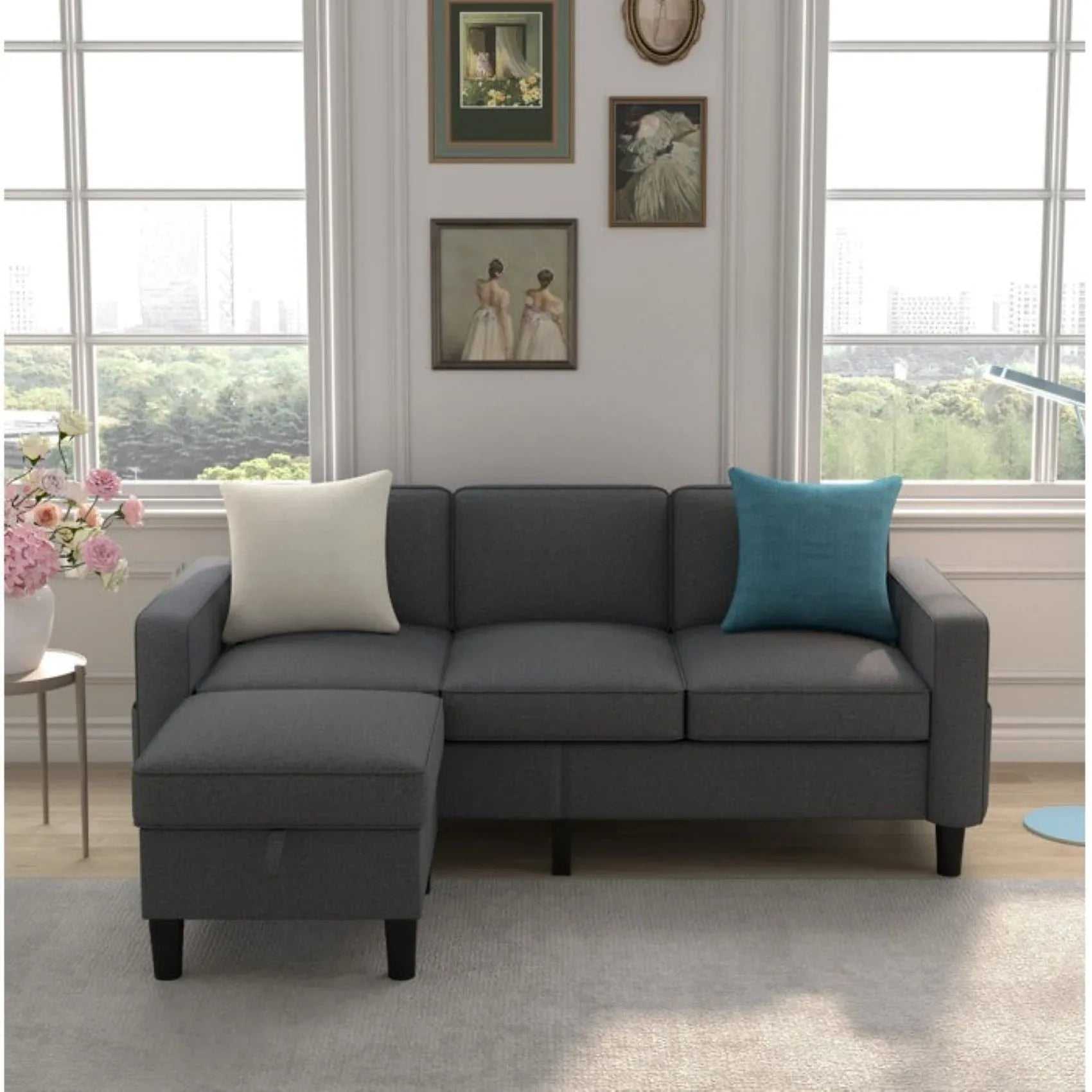 Elison 3 Seater Fabric Sofa with Storage Ottoman for Living Room ...